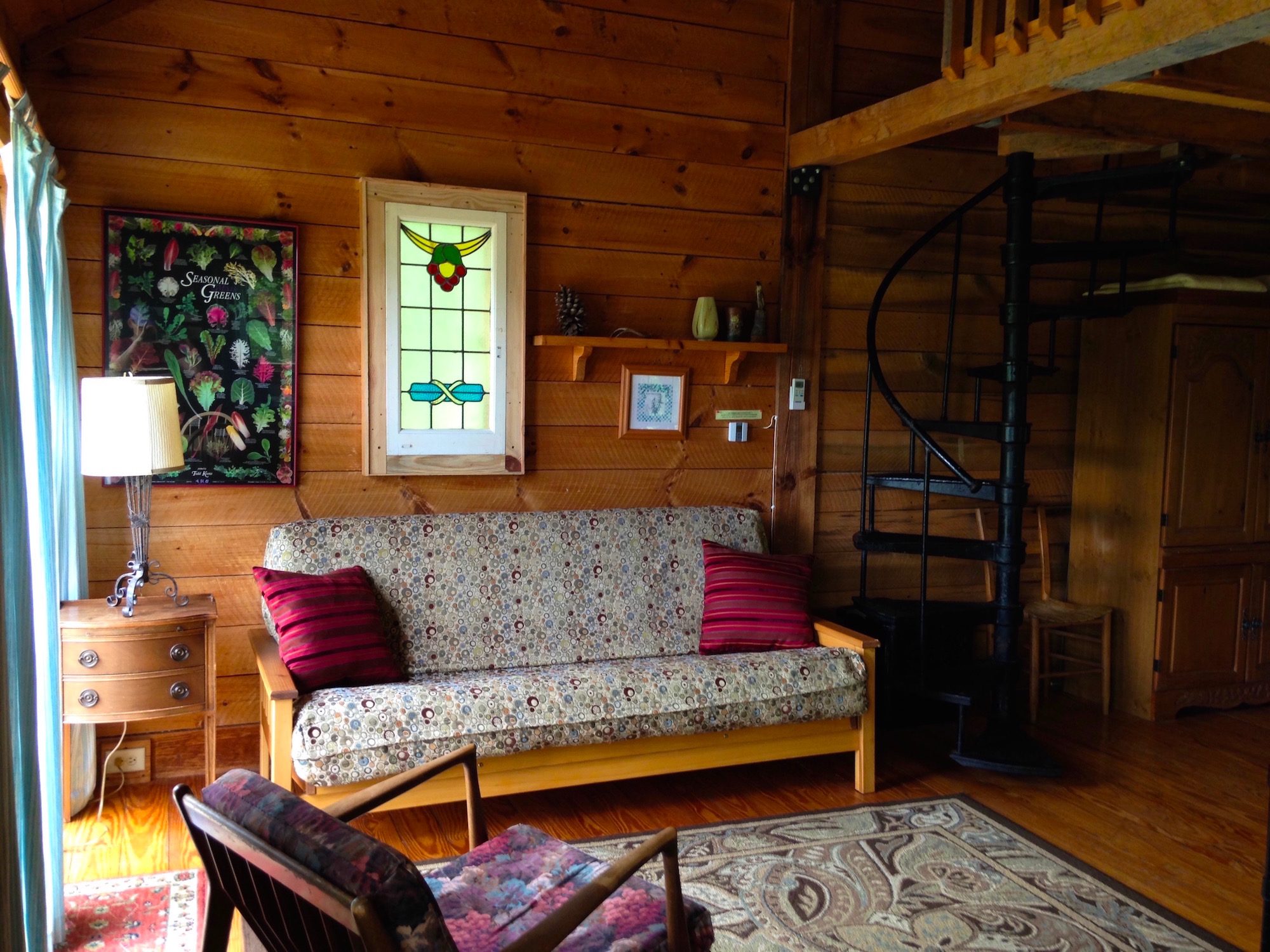 The Pine Futon and Spiral Stairs - Broadwing Farm Cabins